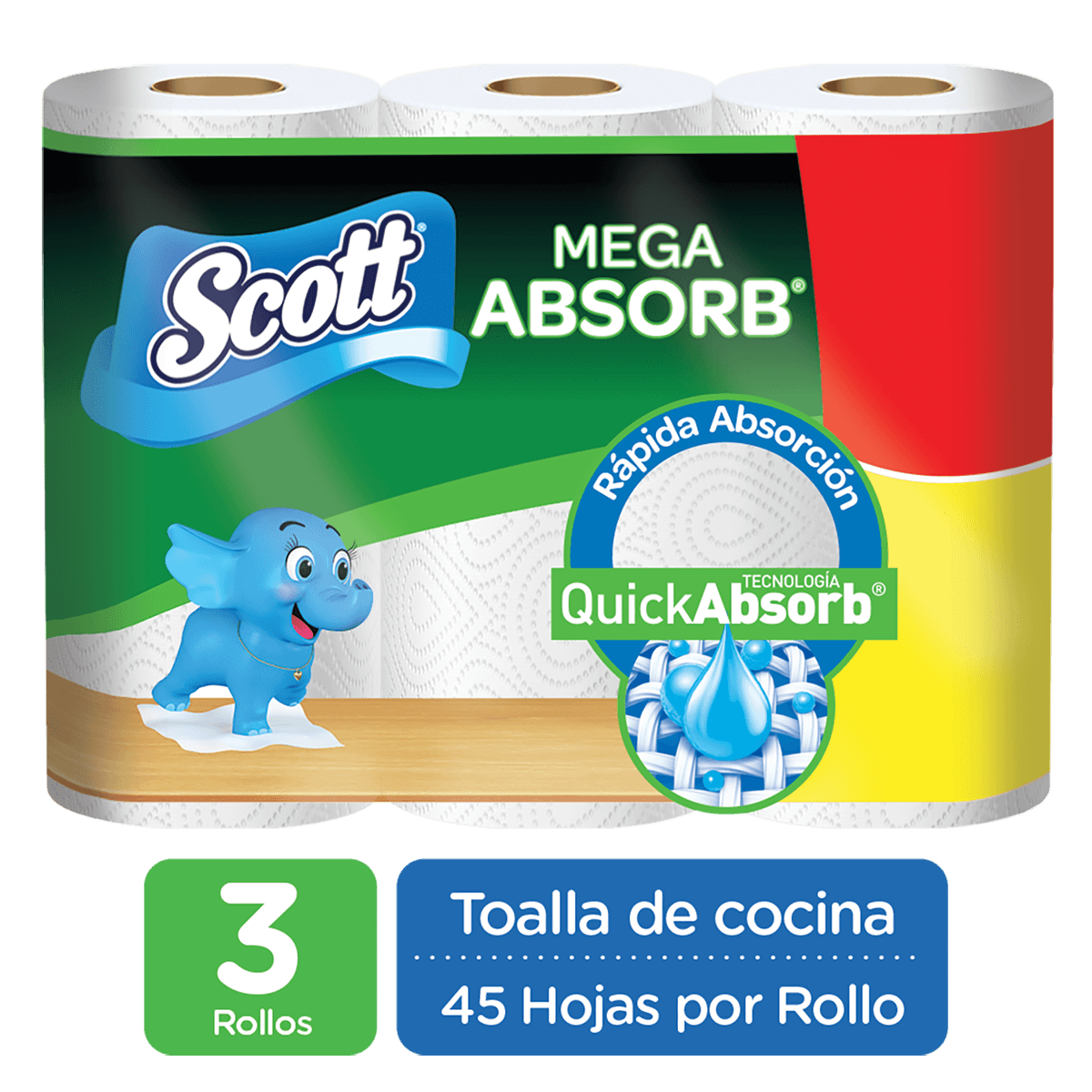 Toallas Cocina Scott Mega Absorbentes x 3 Rollos x 45 Hojas C/u ...
